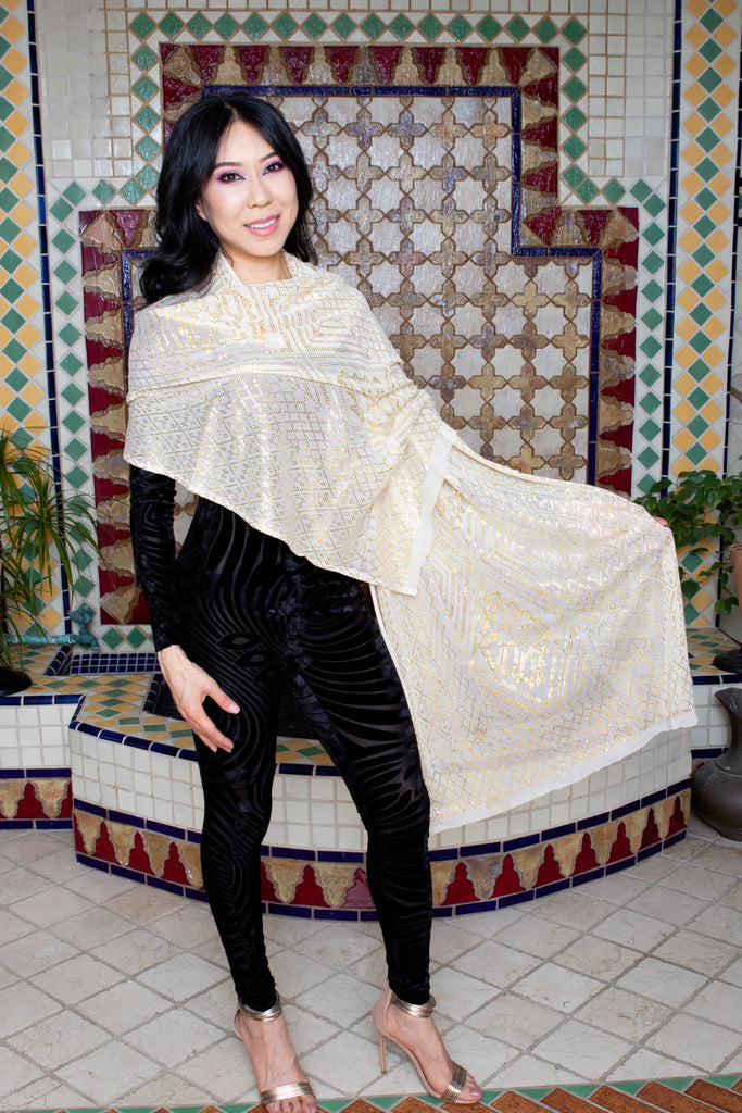 Modern White and Gold Assuit Shawl With Mixed Motif Design - turquoiseintl