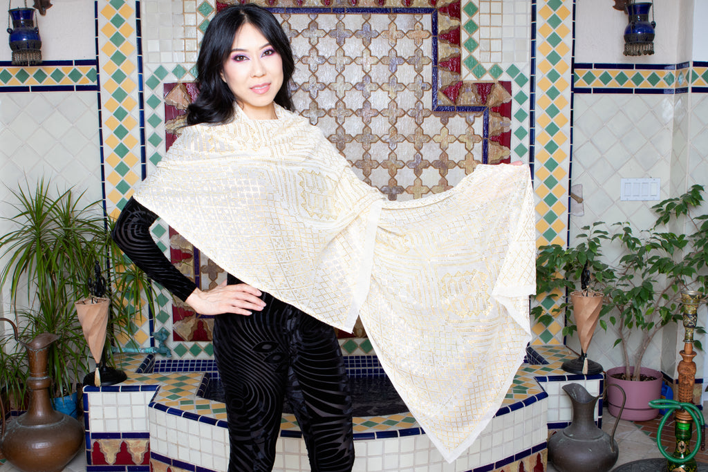 Modern White and Gold Assuit Shawl With Mixed Motif Design - turquoiseintl